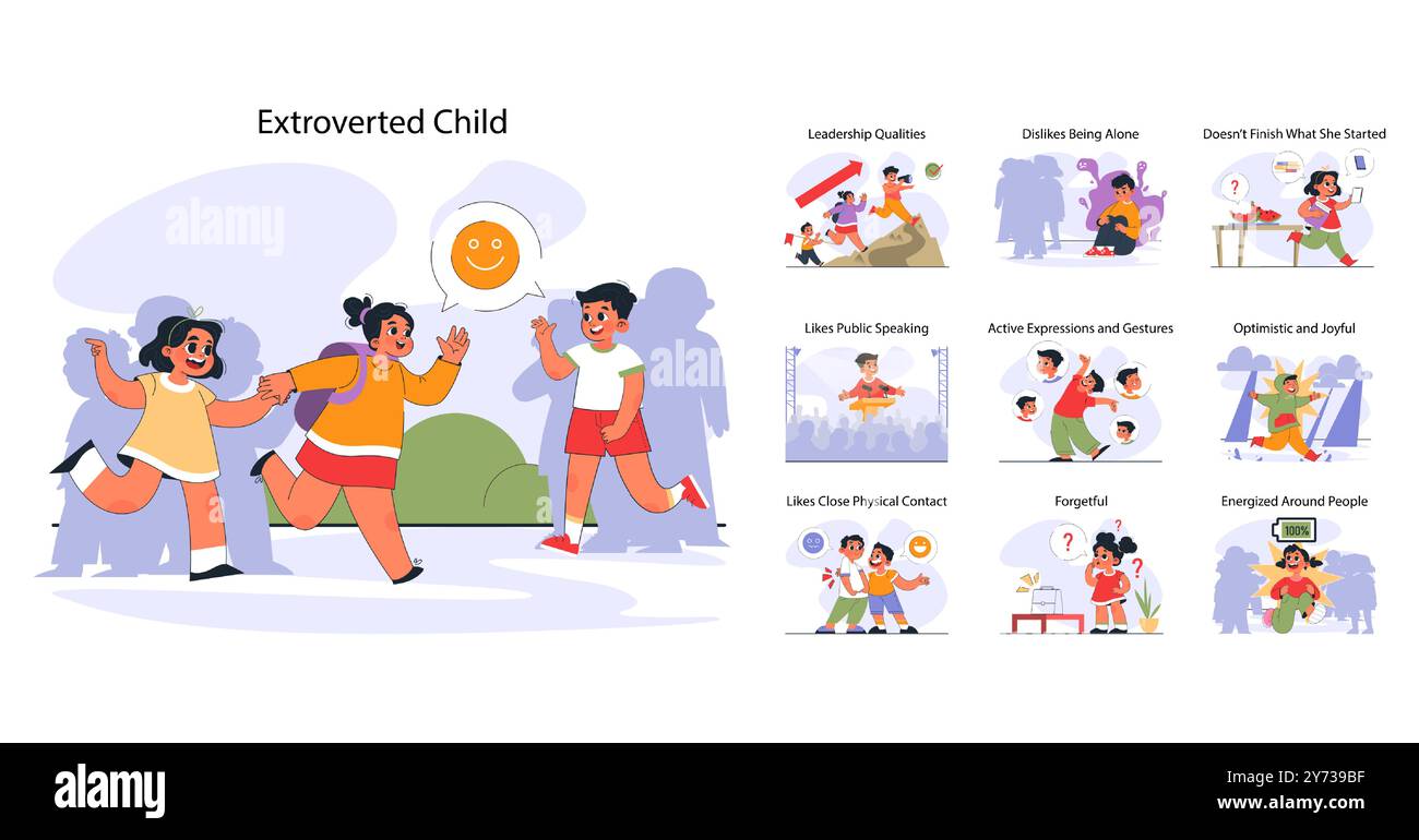 Child with extroverted individuality set. Joyful little kid enjoying ...
