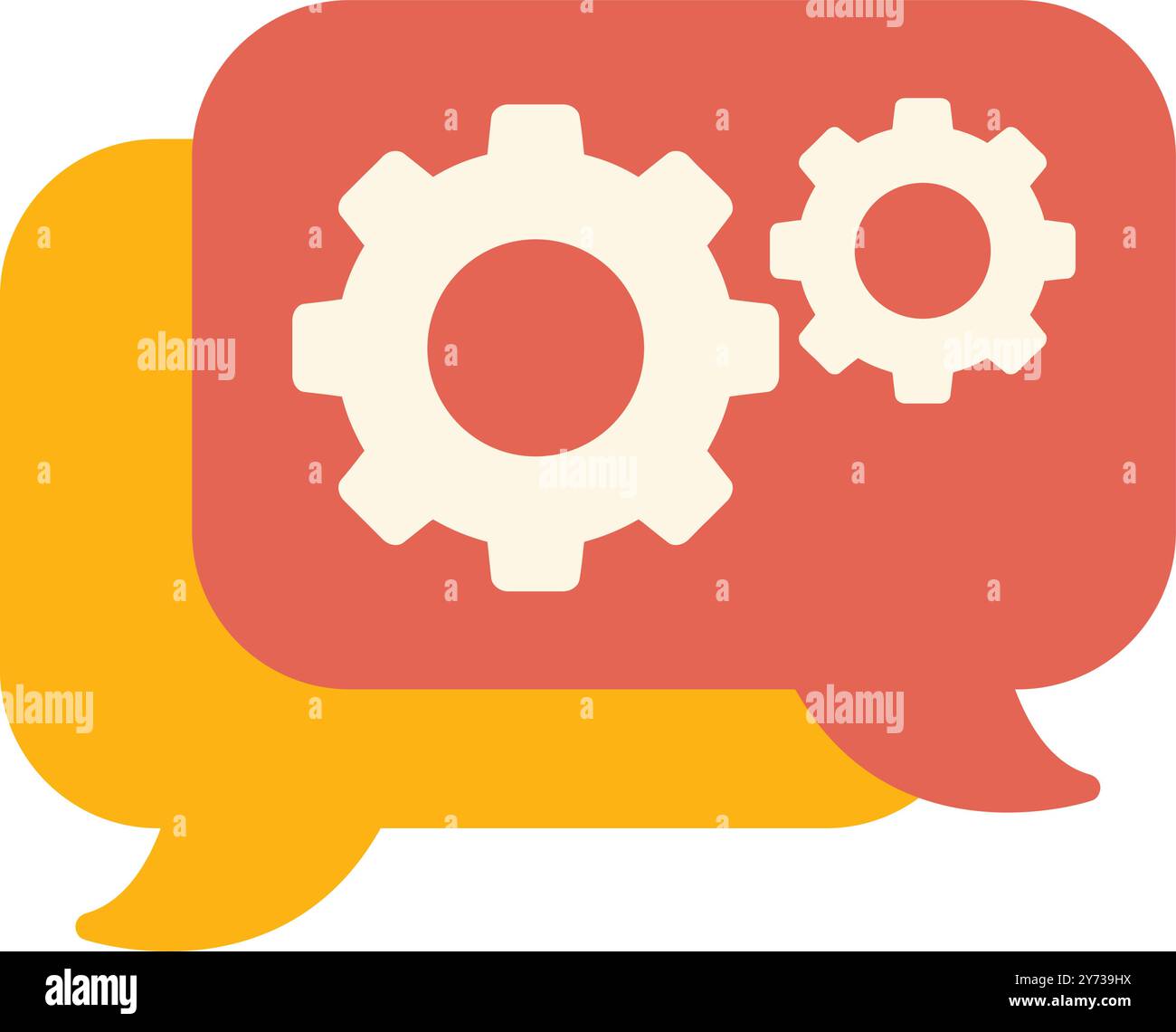 Two overlapping speech bubbles with gears inside symbolizing communication and teamwork for ...