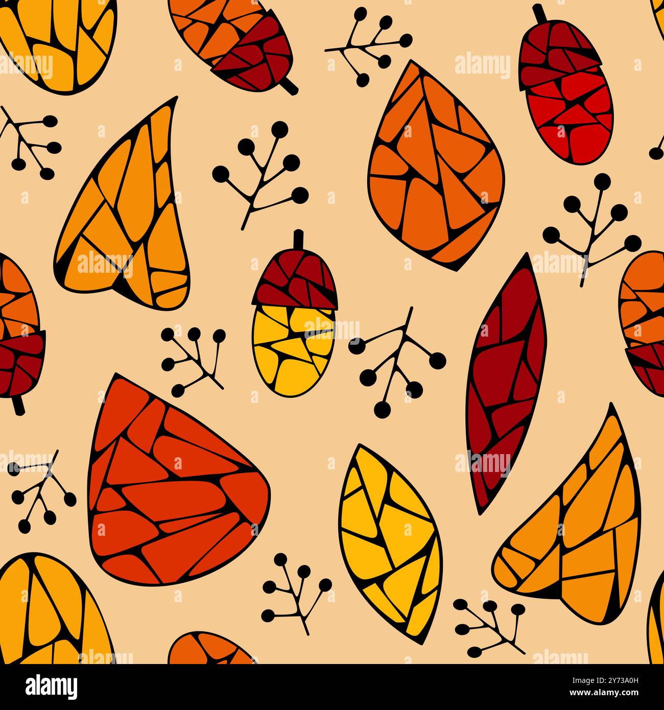 Seamless autumn pattern with leaves and berries in stained glass ...