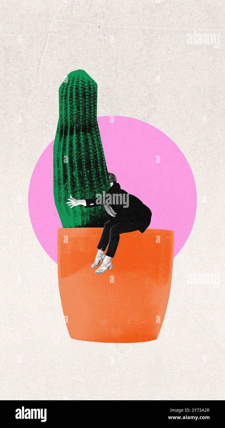Contemporary art collage. Person hugs cactus, symbolizing embrace of ...