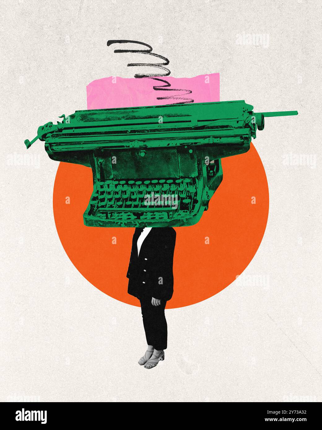 Contemporary art collage. Massive typewriter replaces head ...