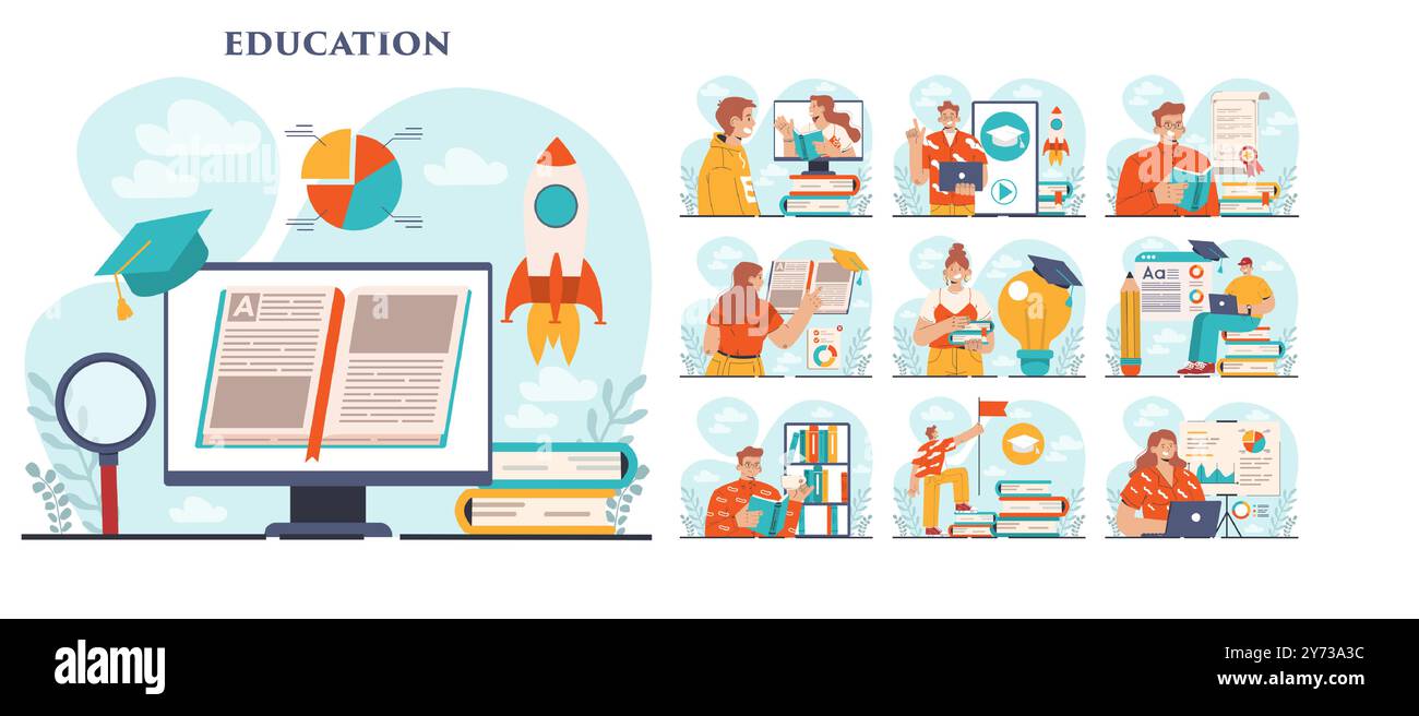 Education set. Idea of study and gaining academic knowledge. Increasing of professional ...