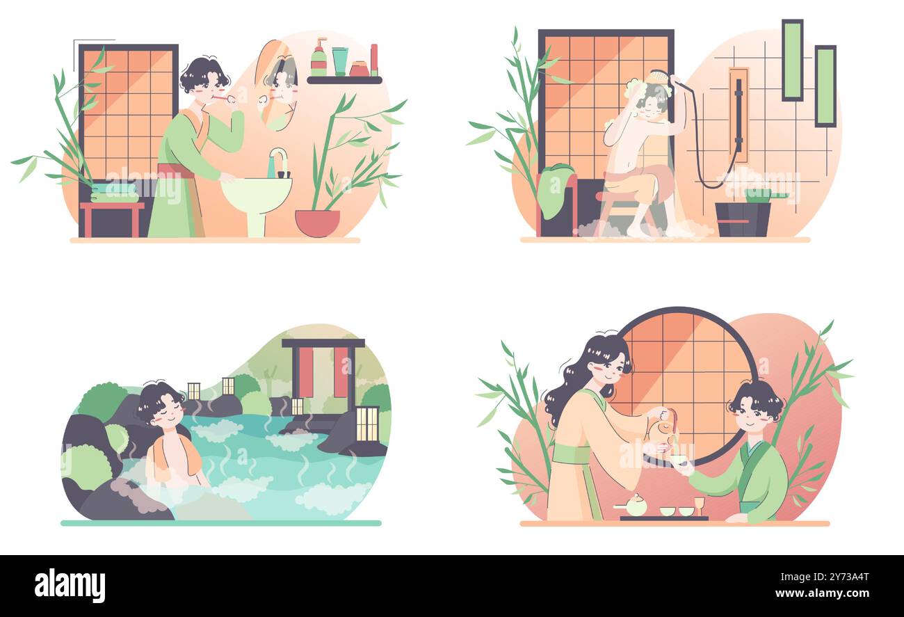 Daily routine of a japanese man set. Modern clerk working, spending ...