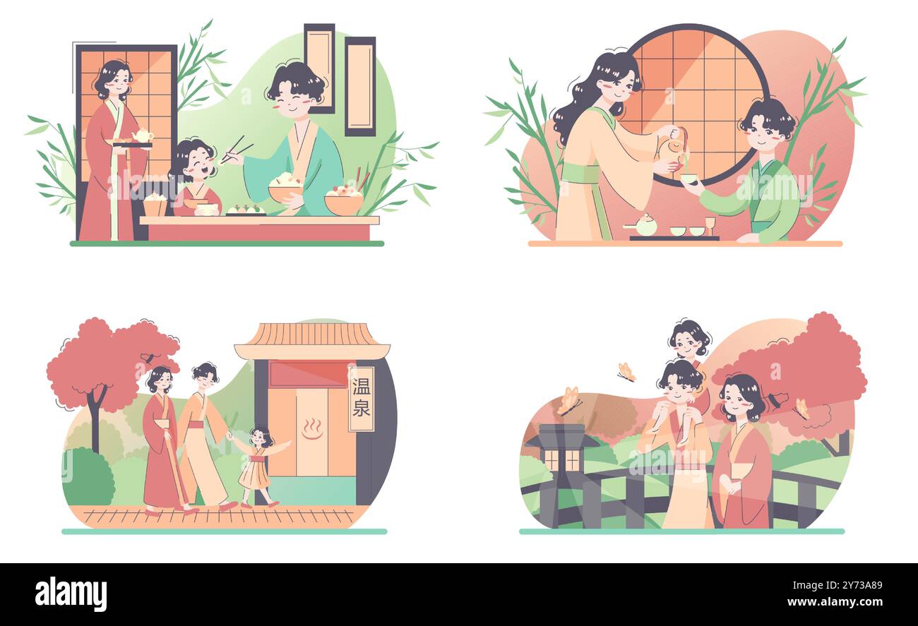 Daily routine of a japanese man set. Modern clerk working, spending ...