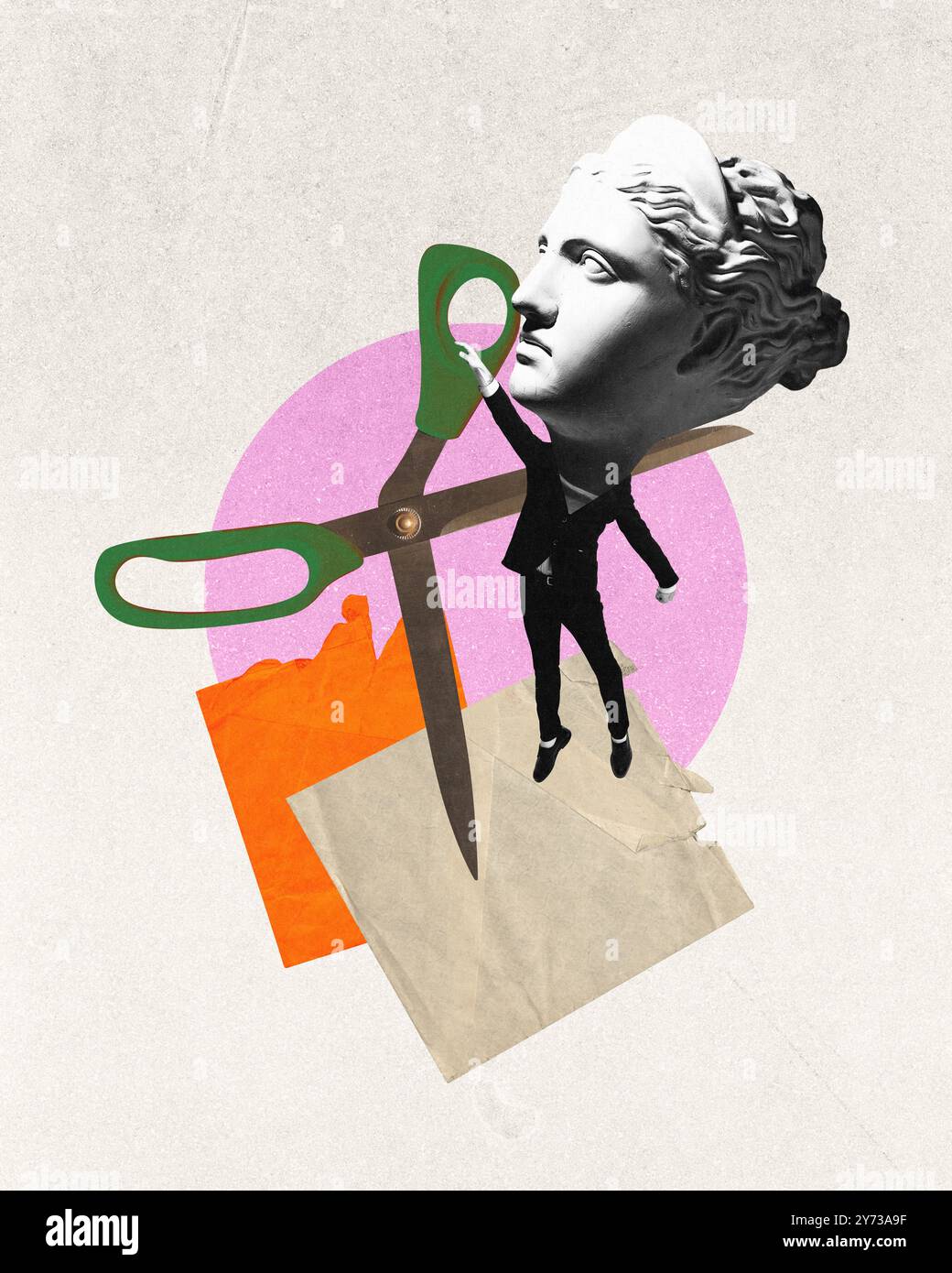 Contemporary art collage. Classical bust with scissors cutting through ...