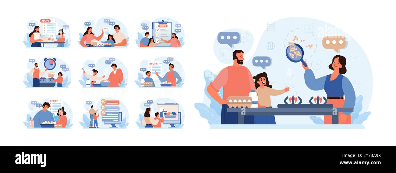 Parents teaching their child how to cook set. Family making food in the ...