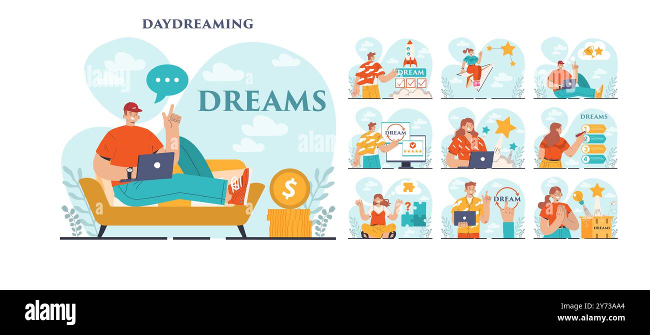 Daydreaming concept set. Young characters dreaming or daydreaming ...