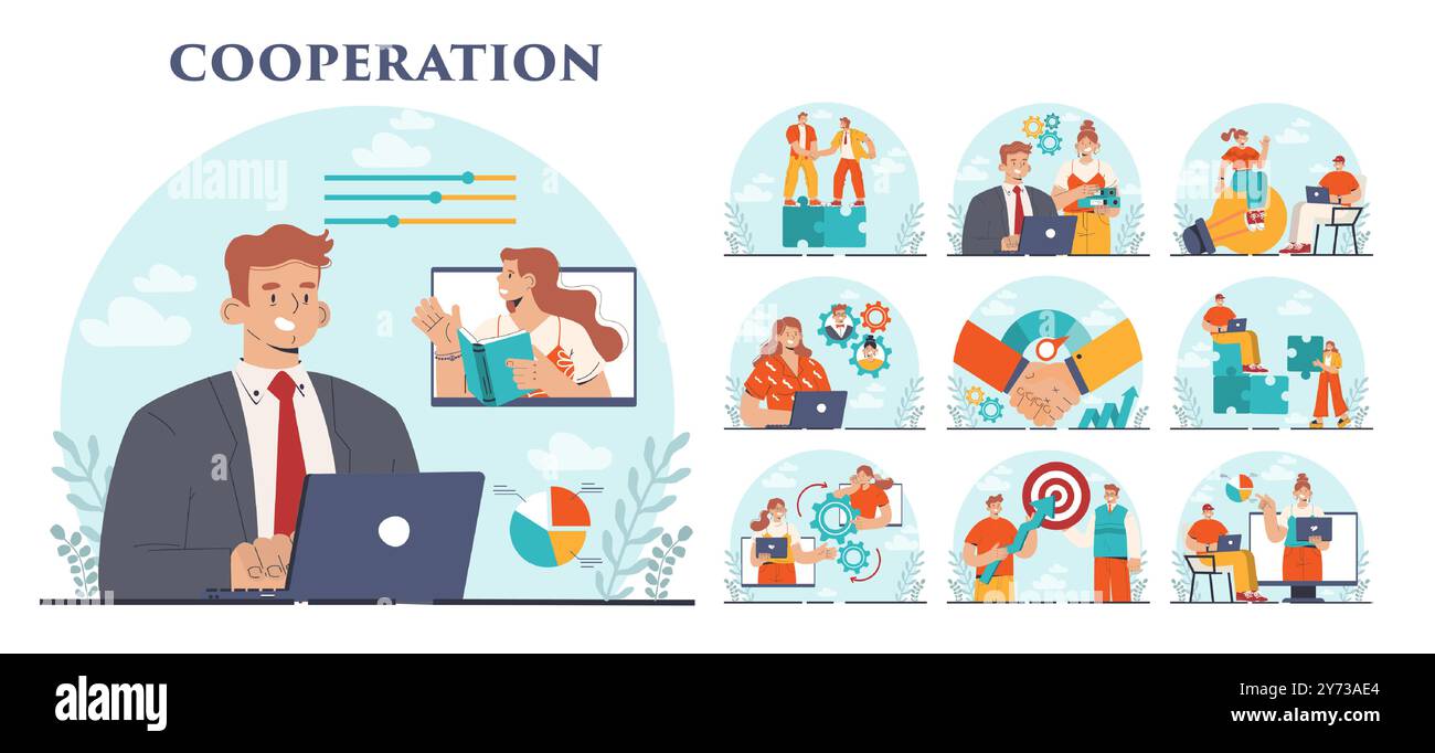 Cooperation concept set. Collaboration and teamwork. Office characters ...