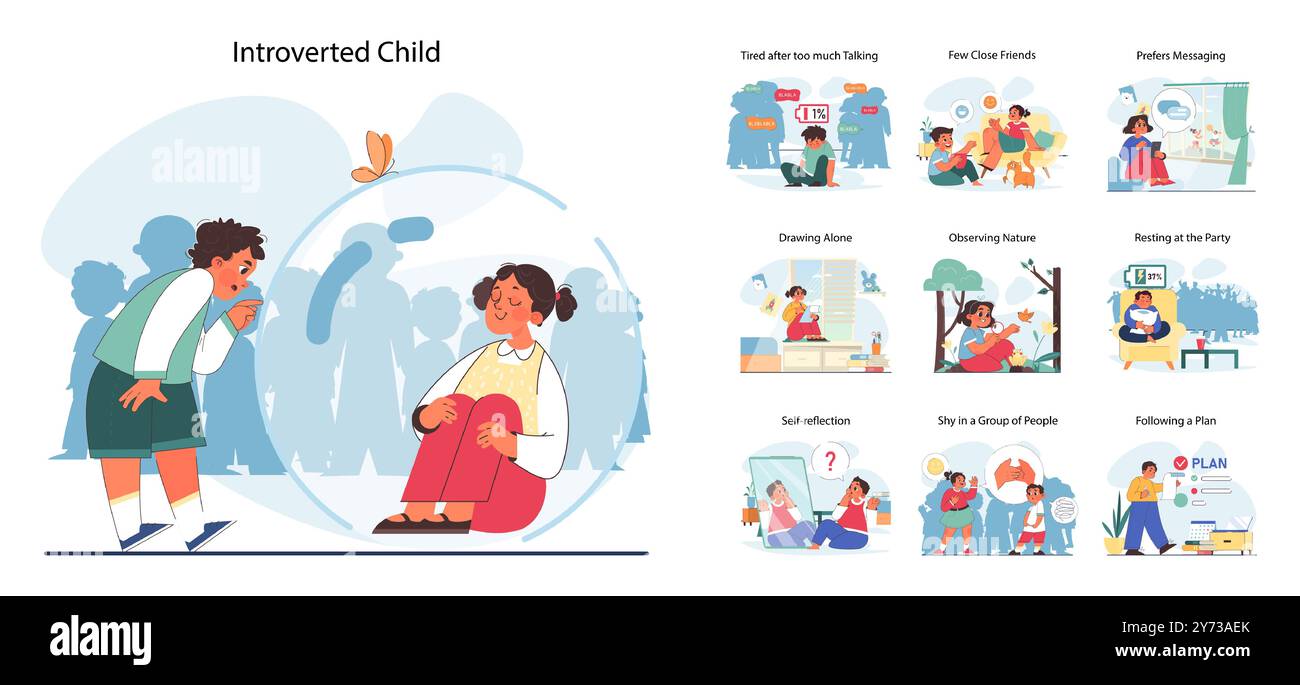 Introverted child set. Antisocial kid who prefers to spend time alone ...