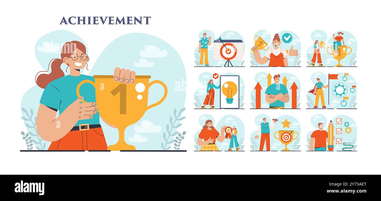 Achievement set. Reached milestone in business or education. Challenge ...