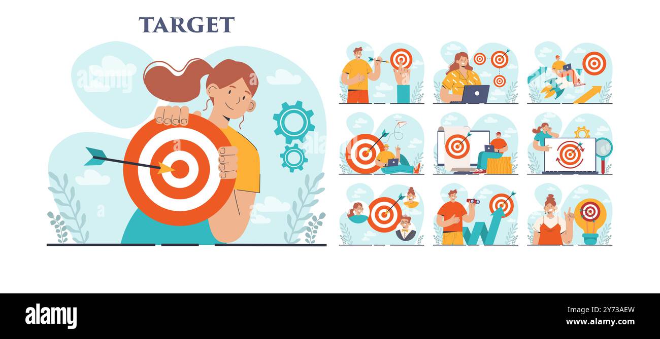 Target concept set. Ambitious characters aiming in target and shooting ...