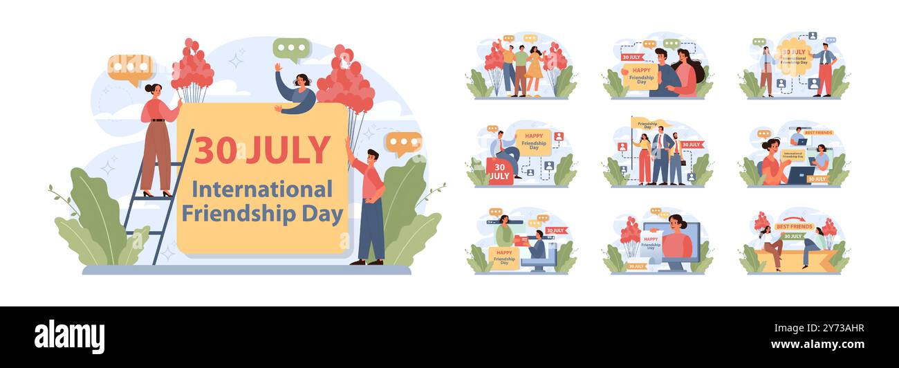 International friendship day set. Cheerful characters celebrating a ...