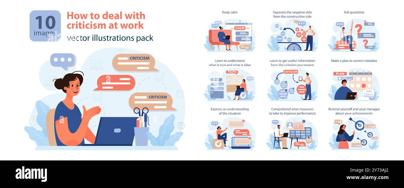 How to deal with judgement at work set. Employee dealing with pressure ...
