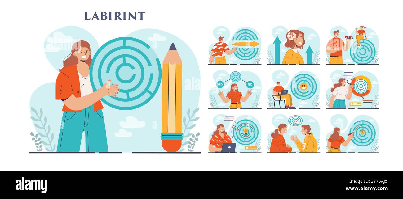 Labyrinth concept set. Decision-making or problem solving. Character trying to find a way. New ...