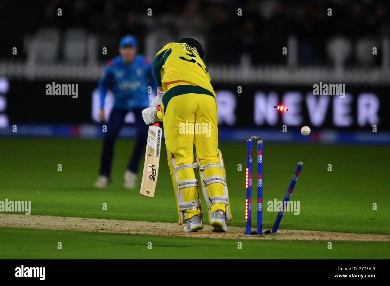 London, England. 27th Sep 2024. Marnus Labuschagne is bolwed by Brydon ...