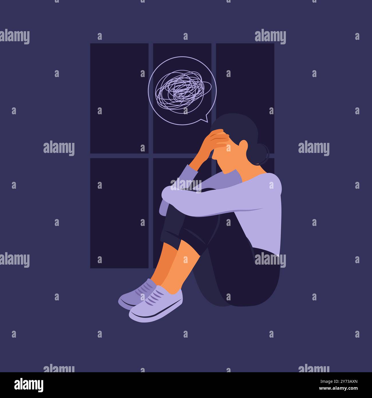 Woman in depression with bewildered thoughts in her mind. Young sad ...