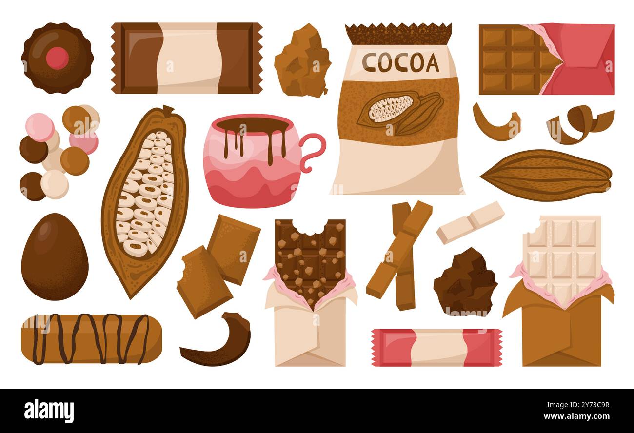 Chocolate set. Different shapes and flavors of chocolate candies, bars ...