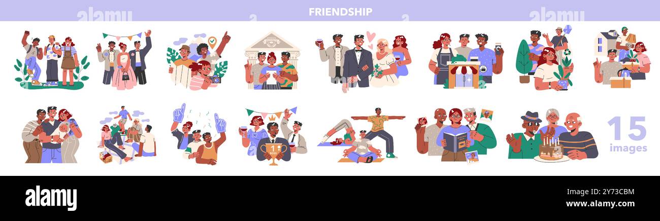 Close lifetime friends group set. Children aging together. Girl and two ...