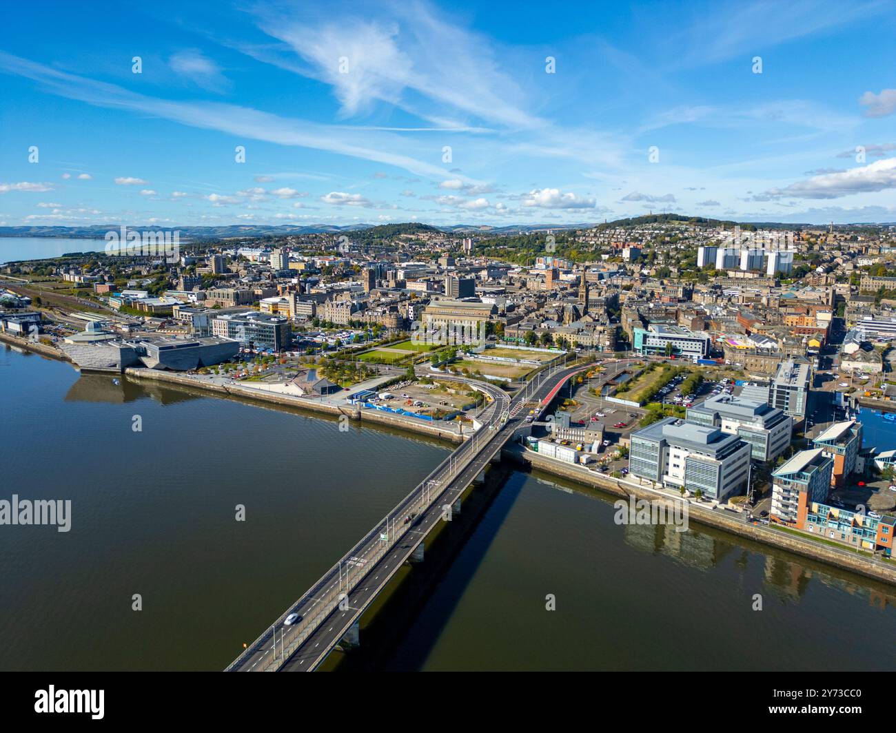 Aerial view from drone of city of Dundee on River Tay, Scotland, Uk ...