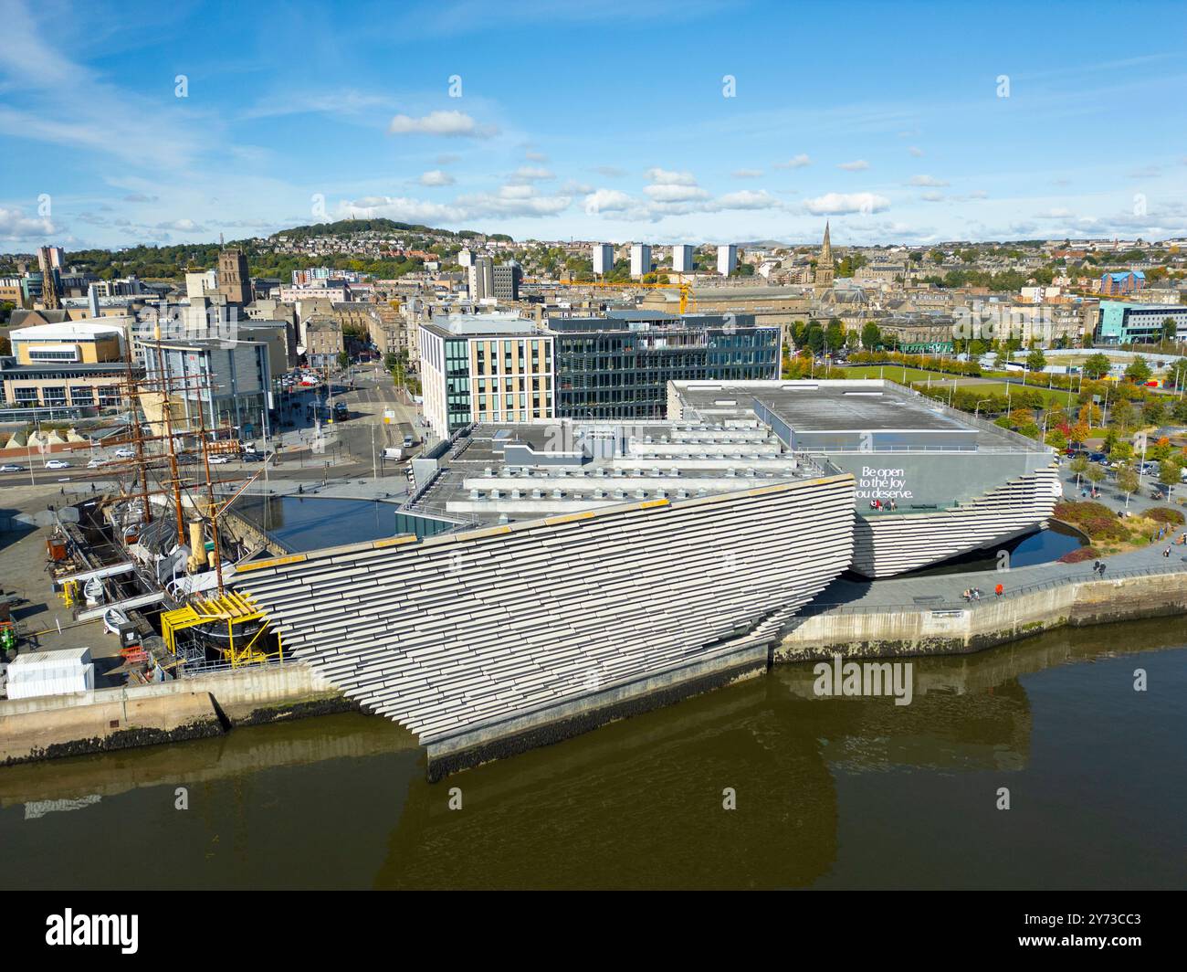 Aerial view from drone of Discovery Point and V&A Museum in Dundee on ...