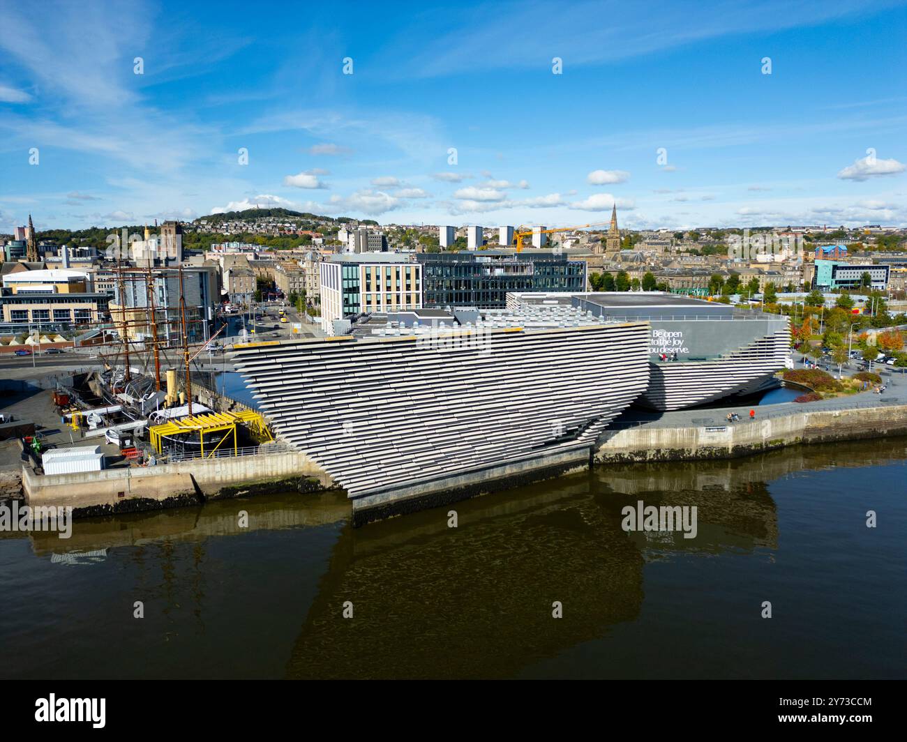 Aerial view from drone of Discovery Point and V&A Museum in Dundee on ...