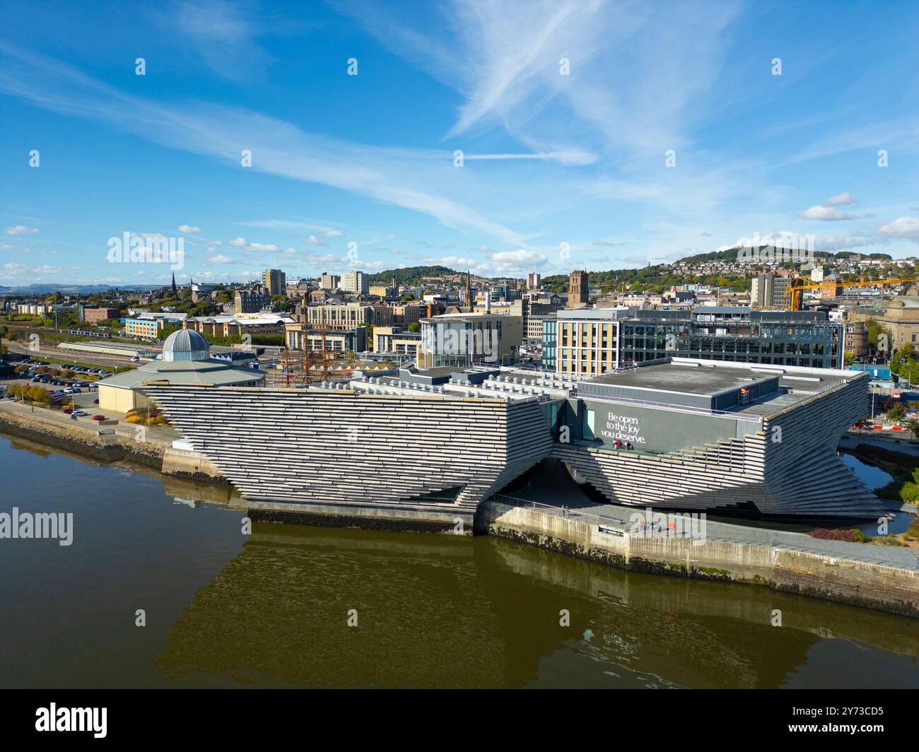Aerial view from drone of V&A Museum in Dundee on River Tay, Scotland ...