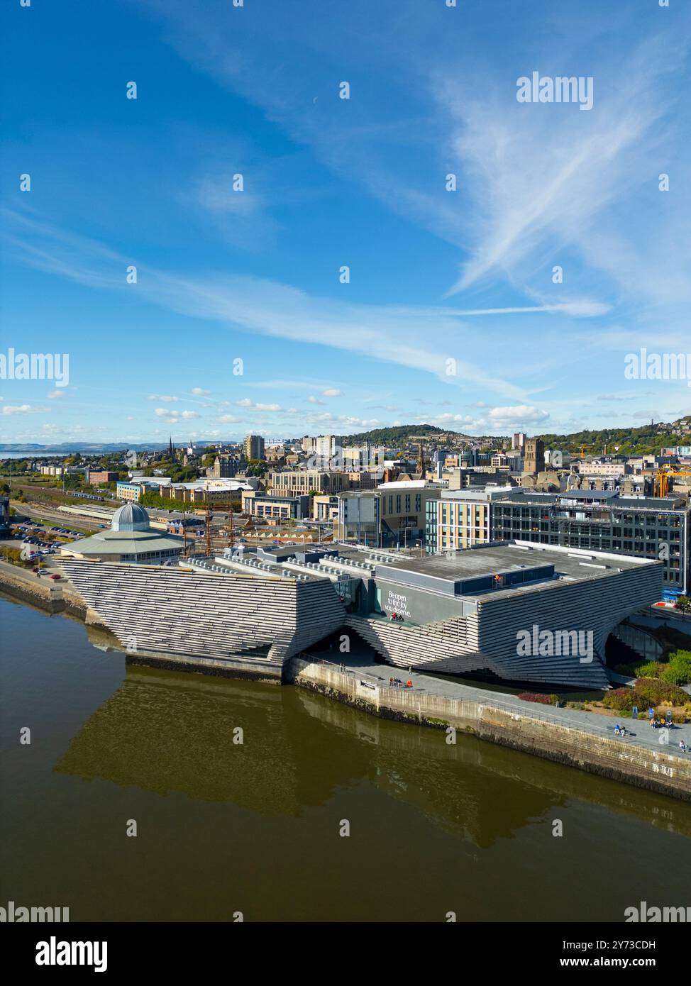 Aerial view from drone of V&A Museum in Dundee on River Tay, Scotland ...