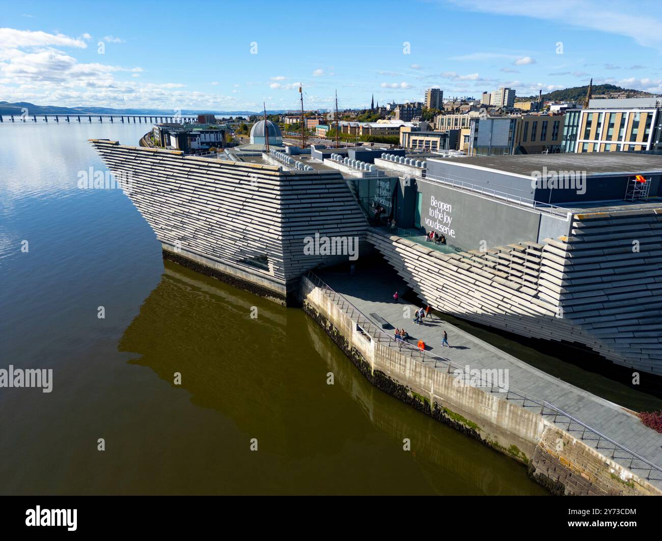 Aerial view from drone of V&A Museum in Dundee on River Tay, Scotland ...