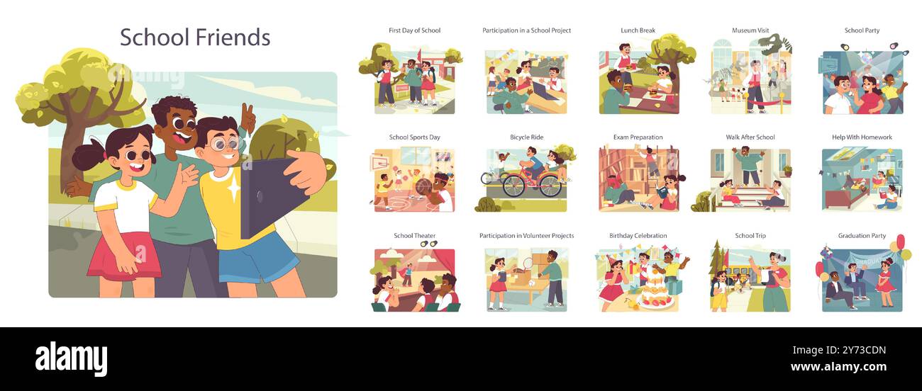 School friends set. Group of students hanging out together during ...