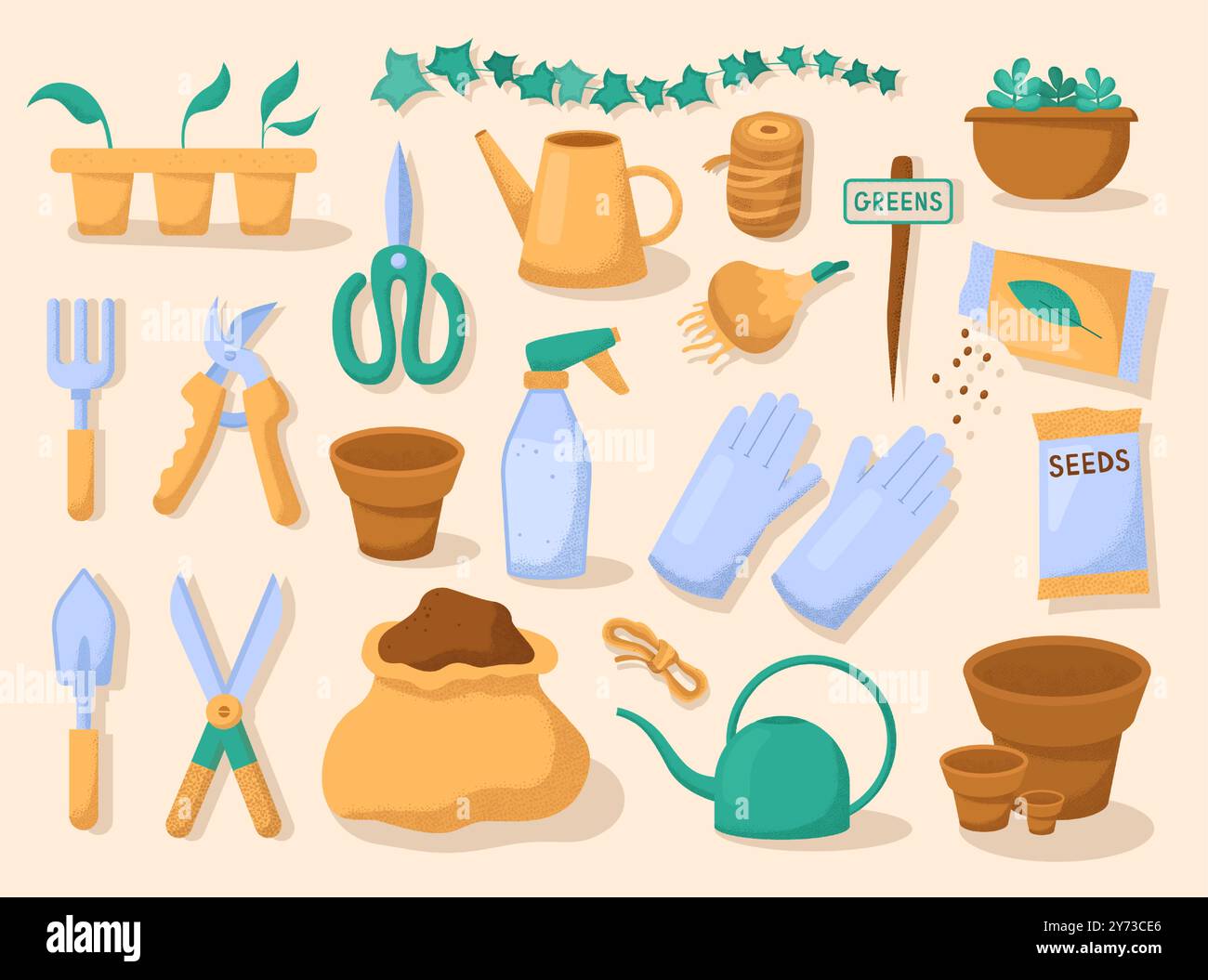 Gardening items. Planting equipment, watering can, shovel and pots ...