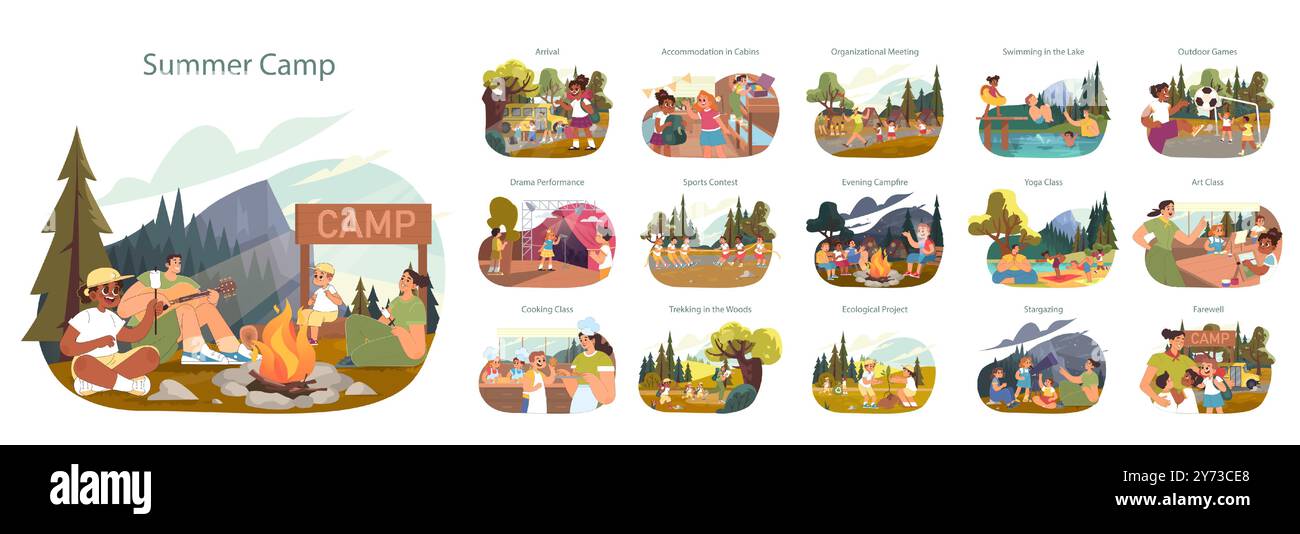 Summer camp activities set. Happy kids enjoying holidays together in ...