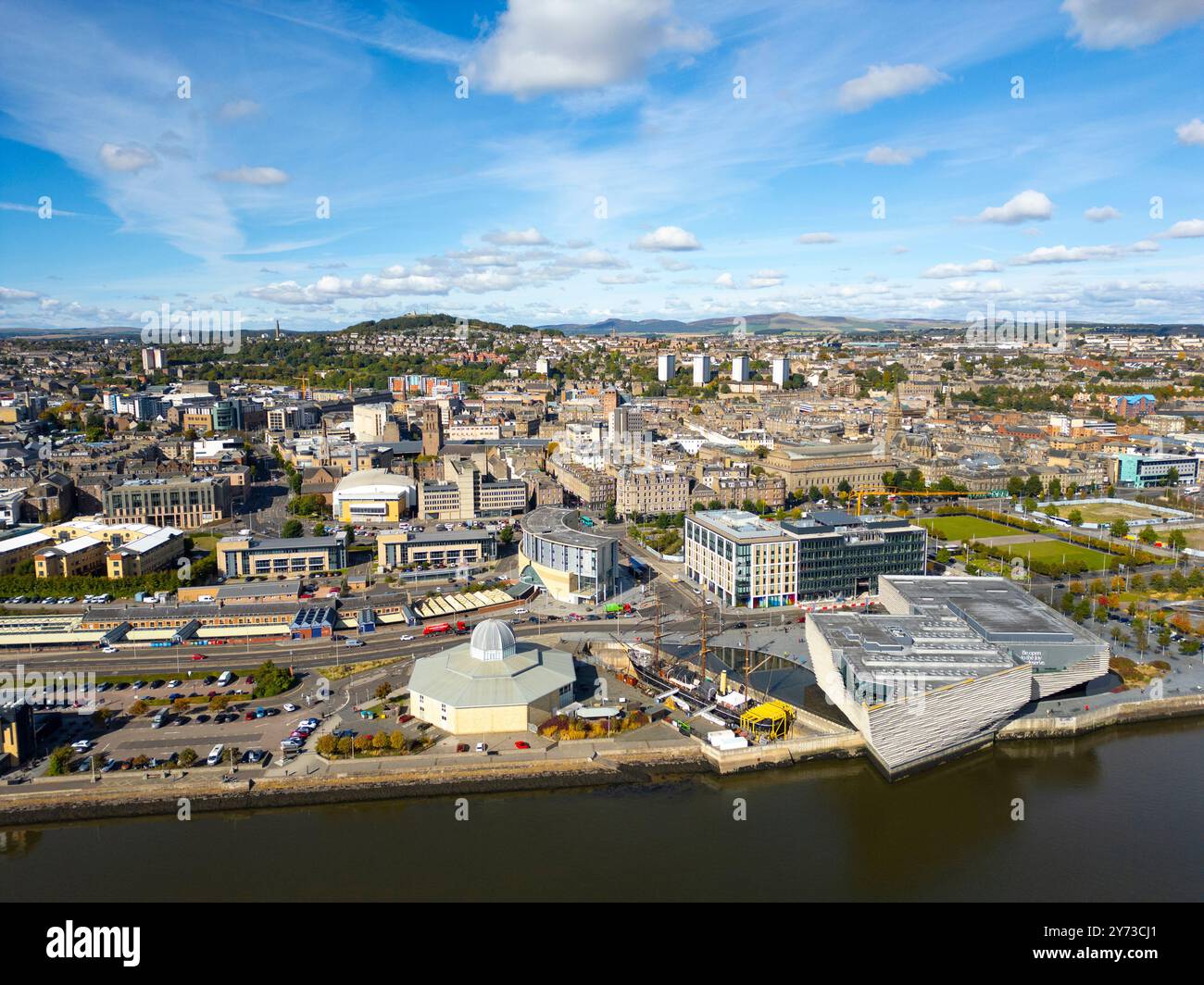 Aerial view from drone of Discovery Point and V&A Museum in Dundee on ...