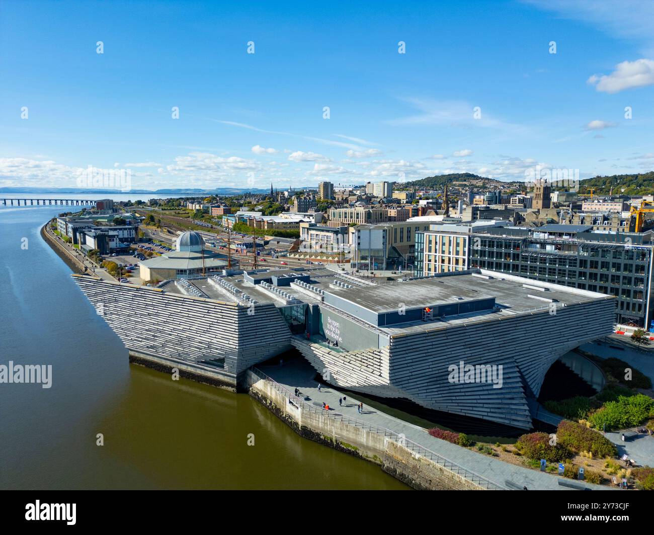 Aerial view from drone of Discovery Point and V&A Museum in Dundee on ...