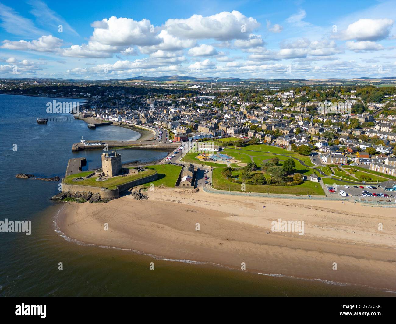 Aerial view from drone of Broughty Ferry on River Tay, Tayside ...
