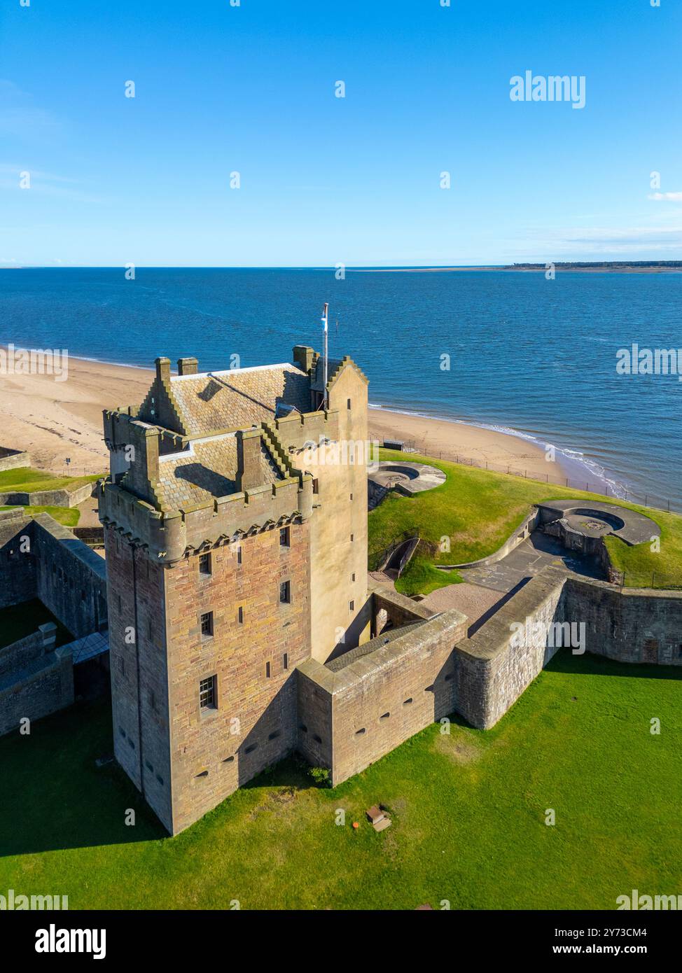 Aerial view from drone of Broughty Castle in Ferry on River Tay ...