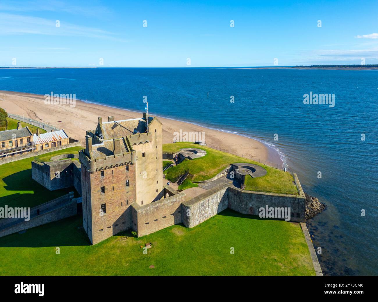Aerial view from drone of Broughty Castle in Ferry on River Tay ...