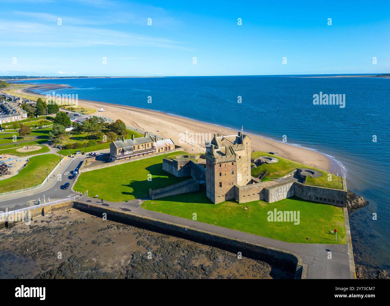 Aerial view from drone of Broughty Castle in Ferry on River Tay ...