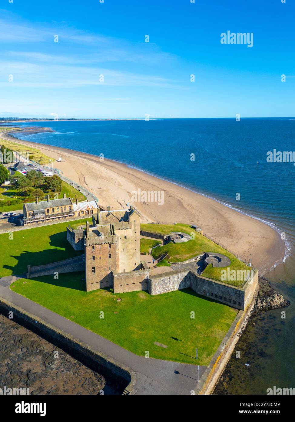 Aerial view from drone of Broughty Castle in Ferry on River Tay ...