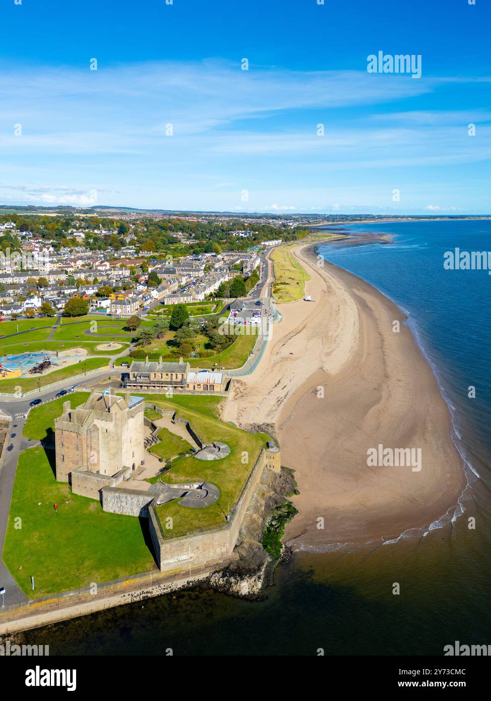 Aerial view from drone of Broughty Ferry on River Tay, Tayside ...
