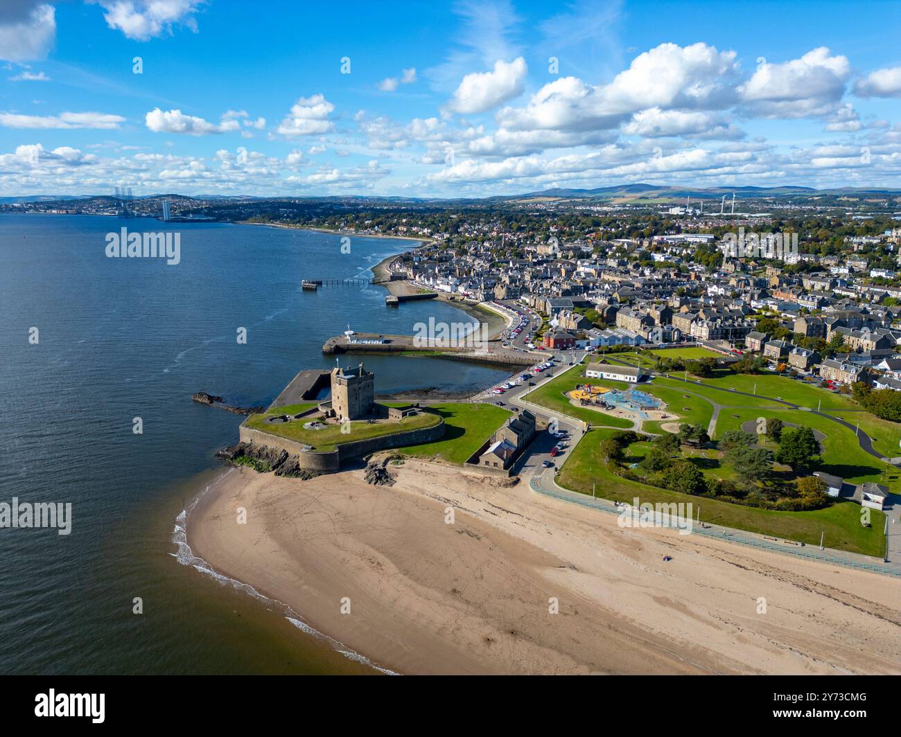 Aerial view from drone of Broughty Ferry on River Tay, Tayside ...
