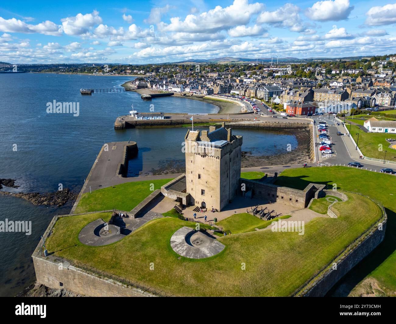Aerial view from drone of Broughty Castle in Ferry on River Tay ...