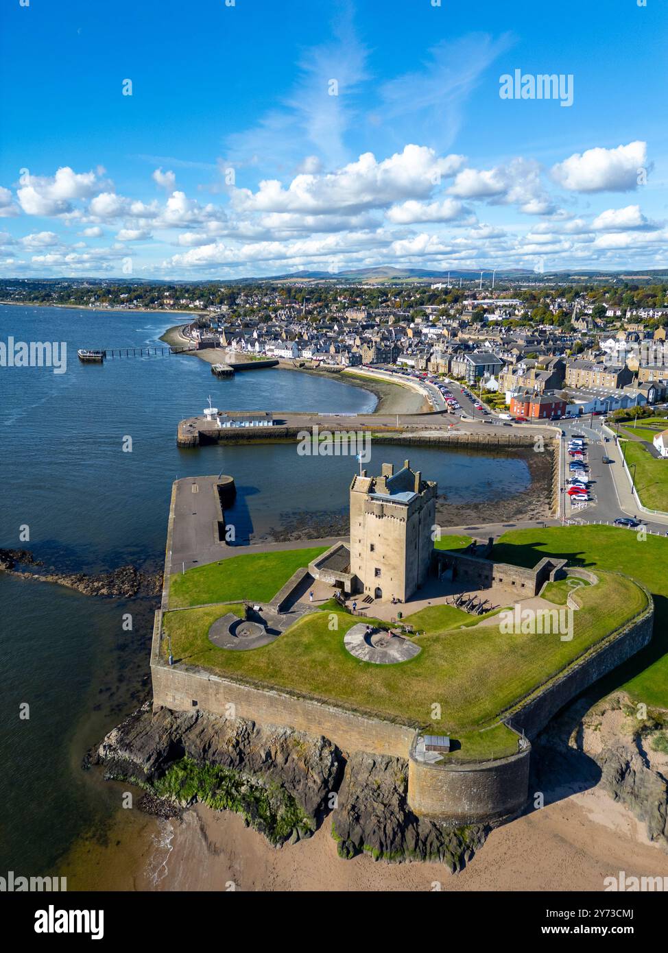 Aerial view from drone of Broughty Castle in Ferry on River Tay ...