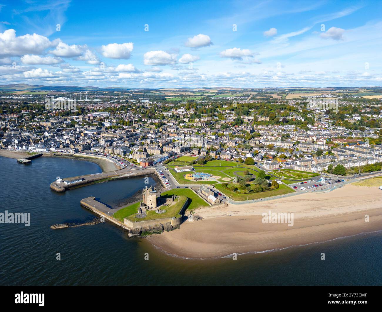Aerial view from drone of Broughty Ferry on River Tay, Tayside ...