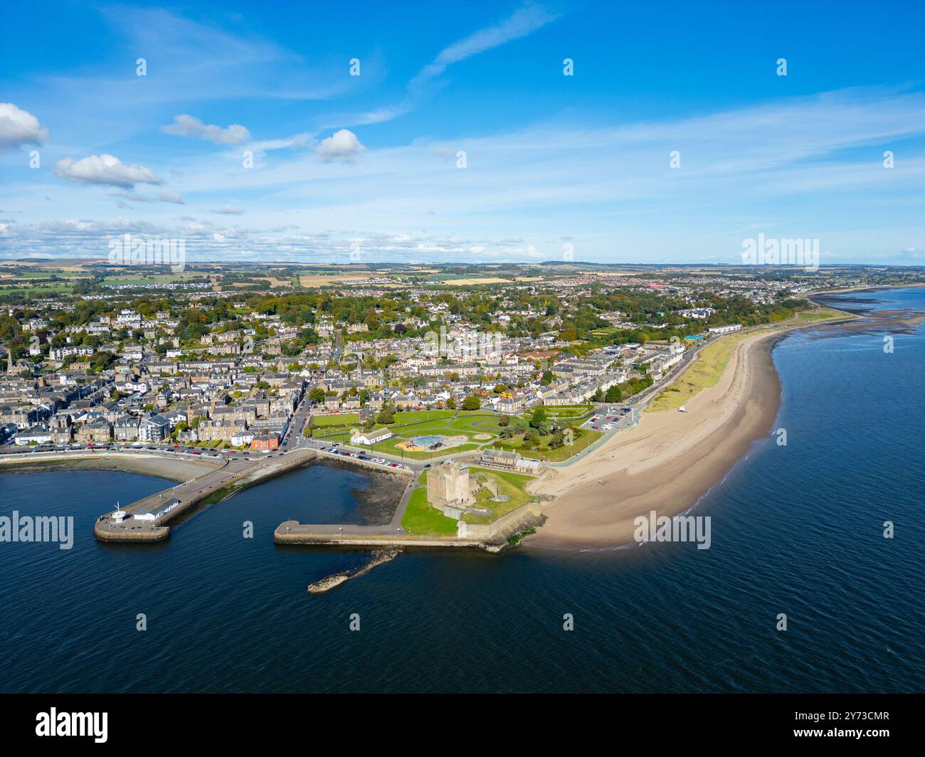 Aerial view from drone of Broughty Ferry on River Tay, Tayside ...