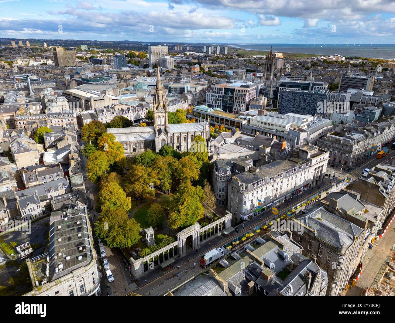 Aerial view from drone of Kirk of St Nicholas church, in Aberdeen ...