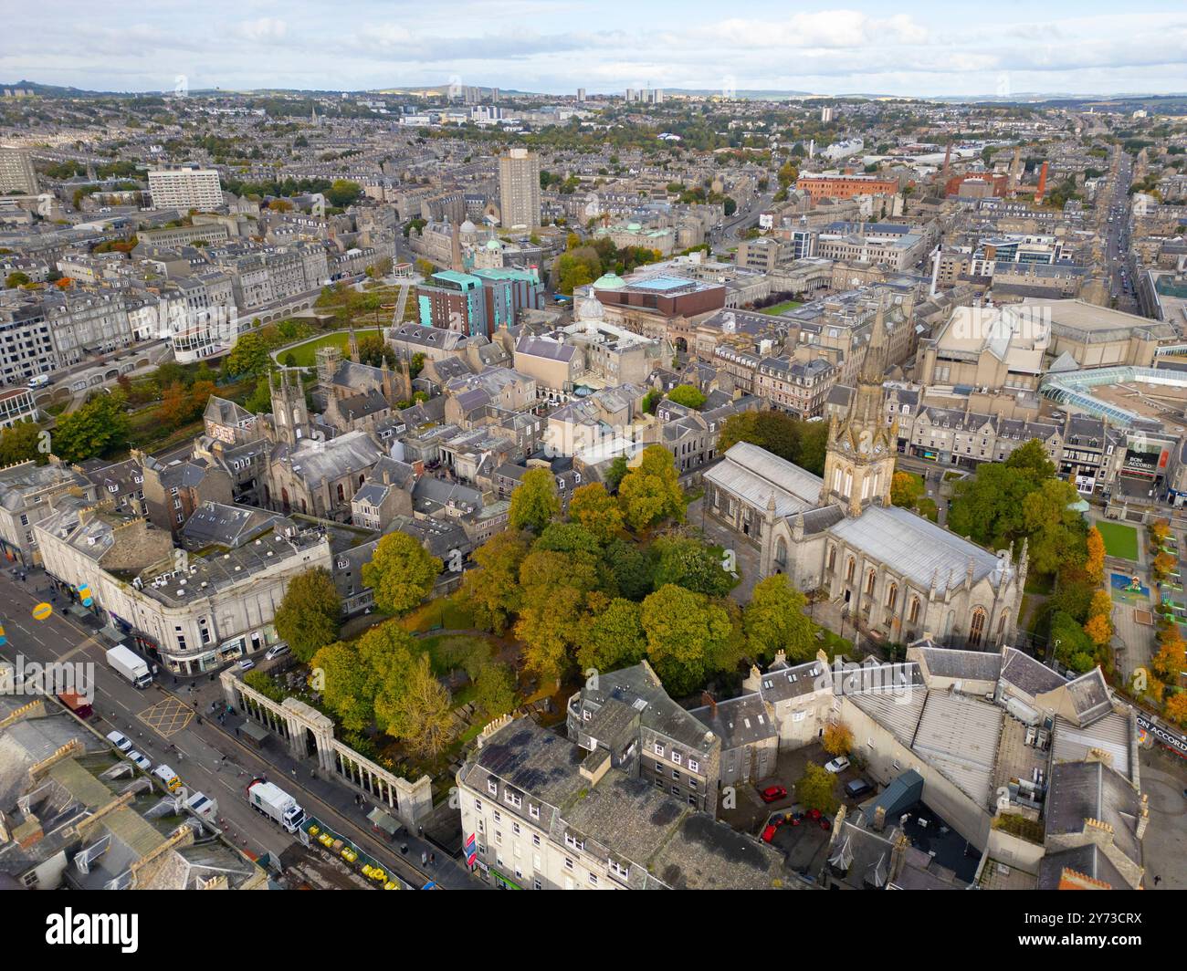 Aerial view from drone of Kirk of St Nicholas church and skyline of ...