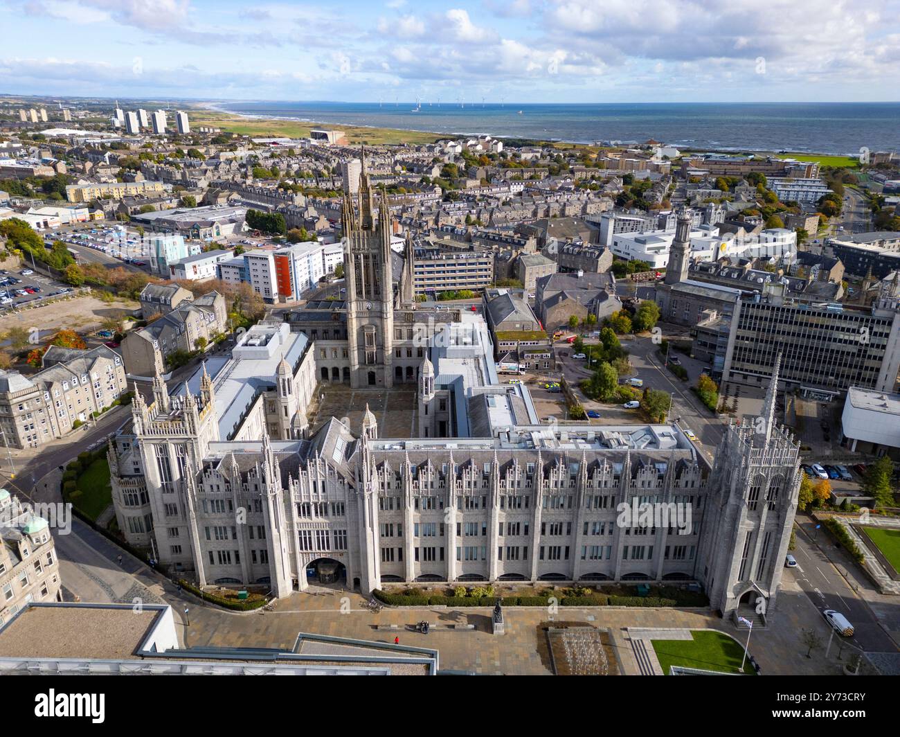 Aerial view from drone of Marischal College in Aberdeen city centre ...