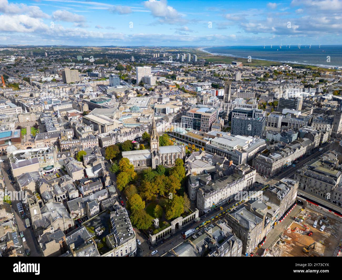 Aerial view from drone of skyline of Aberdeen city centre ...