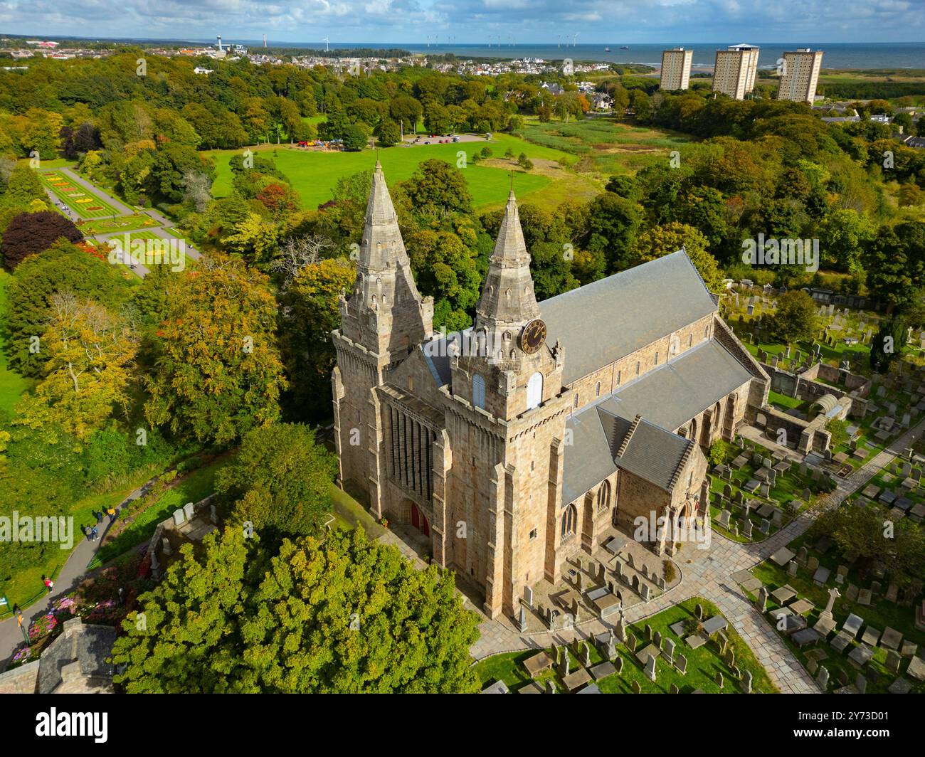 Aerial view from drone of Kirk of St Machar’s Cathedral and Seaton Park ...