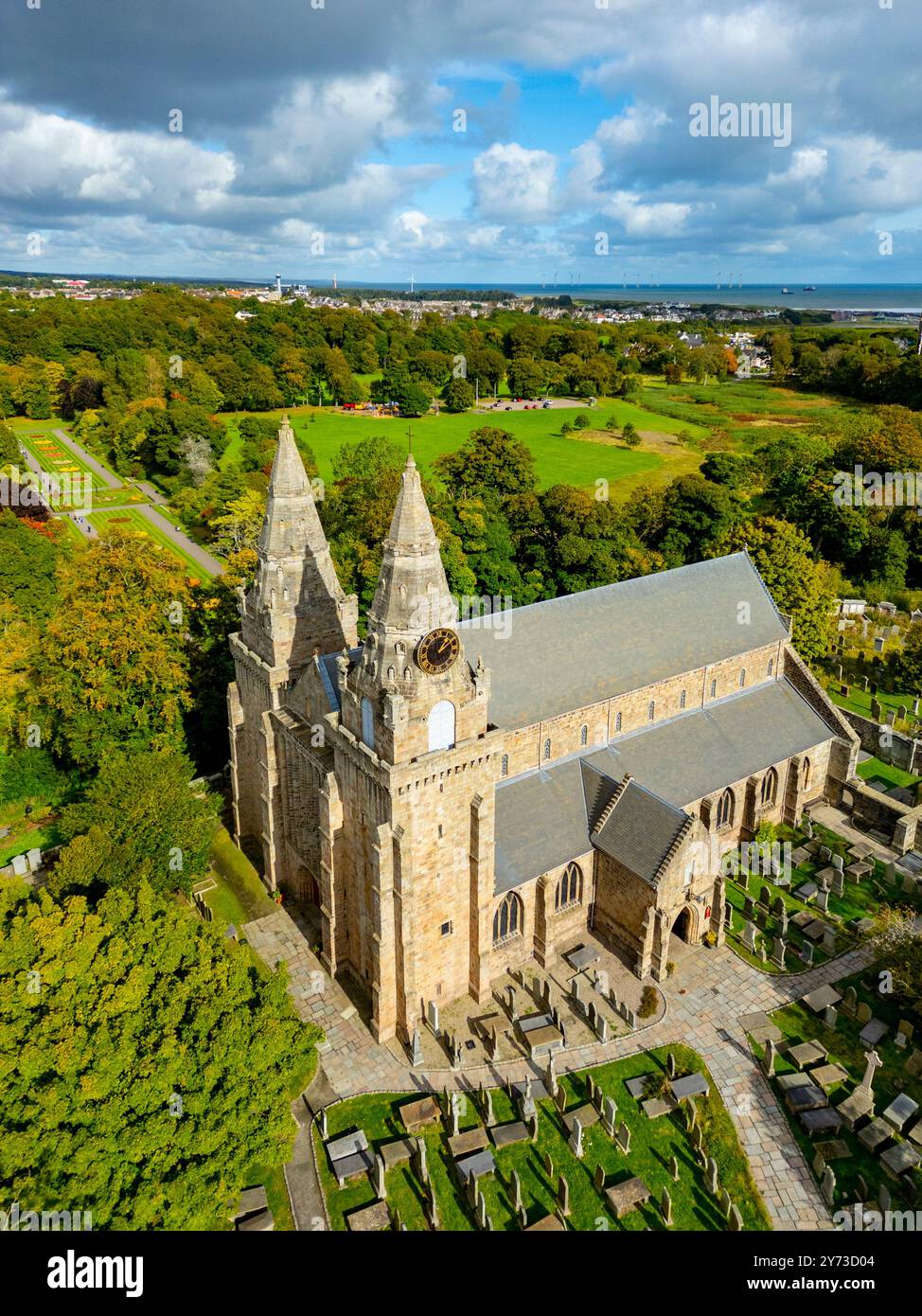 Aerial view from drone of Kirk of St Machar’s Cathedral and Seaton Park ...